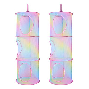 Basumee Stuffed Animals Net or Hammock 2Pcs Hanging Stuffed Animals Storage 3 Compartments Toy Net Hammock for Stuffed Animals Organizer Mesh Stuff Animals Hammock for Kids Girls Room, Rainbow