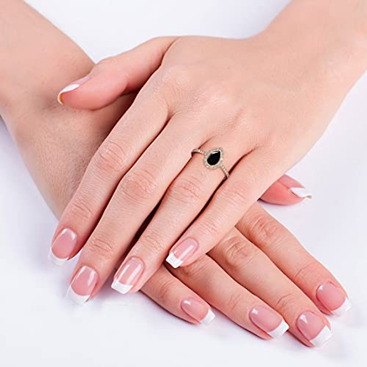 Gemsonclick Natural-Black Onyx 18K Rose Gold Ring Pear Shape Halo Diamond Design Wedding Engagement Handmade And Fashion Jewelry For Women Girl Available in size 7