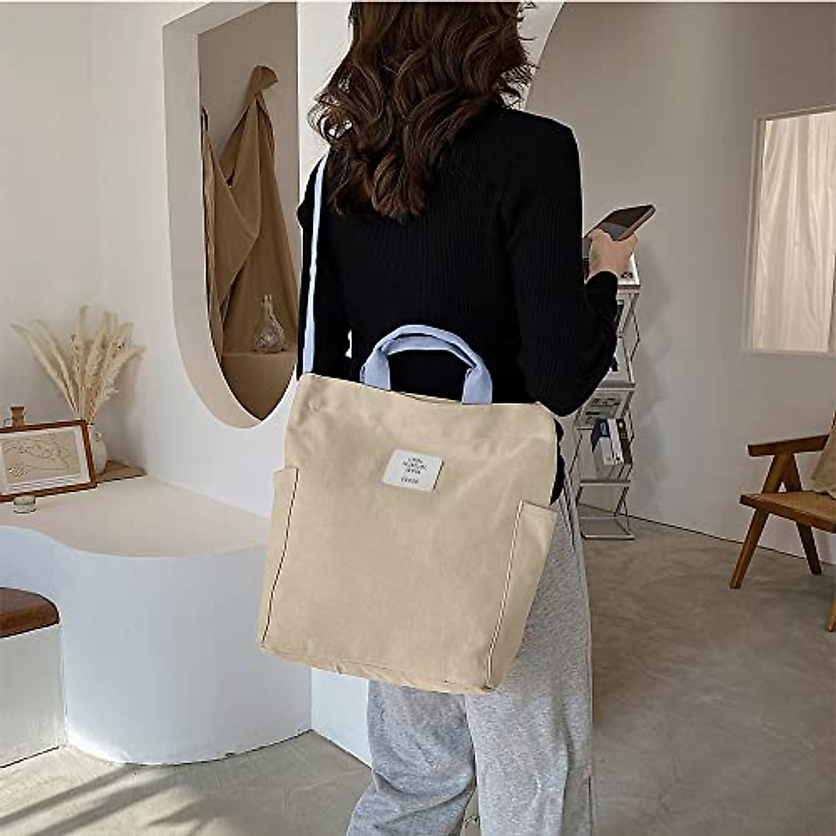 ALUWU Canvas Tote Bag for Women Crossbody Bag Casual Shoulder Purse Handbag with Zipper for School Work Beige