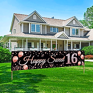 16th Birthday Decorations Sweet 16 Banner Party Supplies, Rose Gold Happy Sweet Sixteen Birthday Party Decor for Girl, 16 Year Old Birthday Yard Sign for Indoor Outdoor