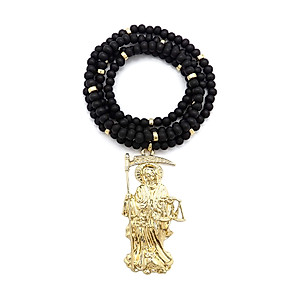 Fashion 21 Santa Muerte Pendant 6 mm 30 inches Wooden Bead Necklace in Gold Tone (Gold + Black / 30 inches Wooden)