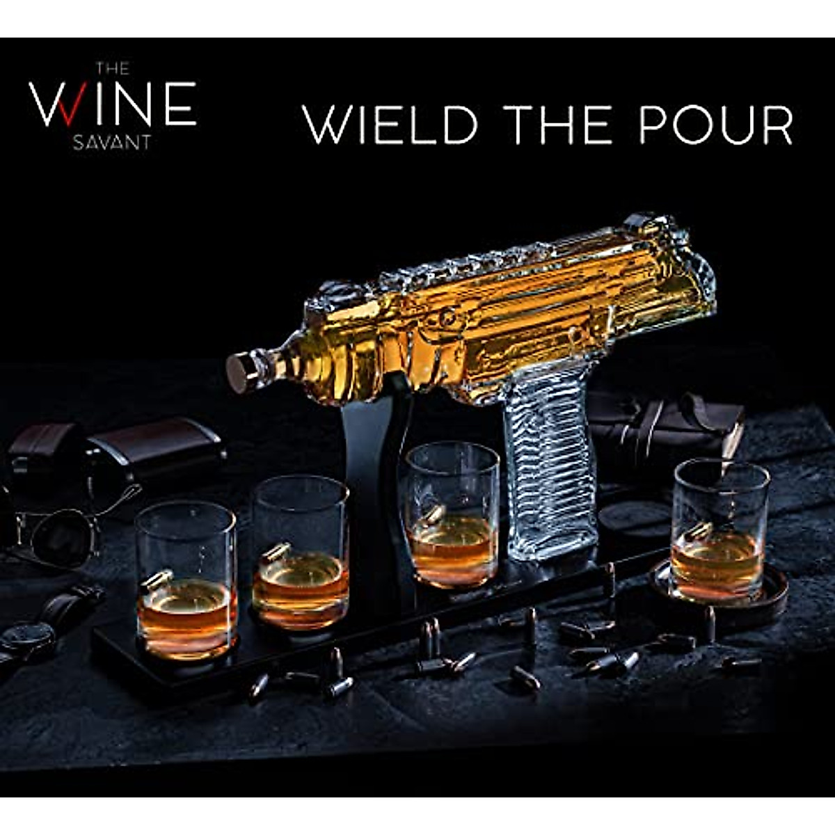 Uzi Submachine Gun Whiskey Gun Decanter and 4 Liquor Glasses - Tik Tok Gun Decanter & Glass Set - Gun Gifts for Men - Whiskey Decanter Set - Bourbon & Scotch Decanter - Firearm Shooting Gifts for Dad