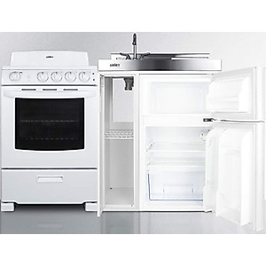 Summit Appliance ACK54COILW 54" Wide All-in-One Kitchenette with 220V 4-Element Electric Coil Range, Refrigerator-Freezer, Sink, Cutting Board and Cutlery Storage, and a Storage Cabinet
