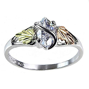 Marquise CZ with Leaf Slim-Profile Ring, Sterling Silver, 12k Green and Rose Black Hills Gold Size 9.75