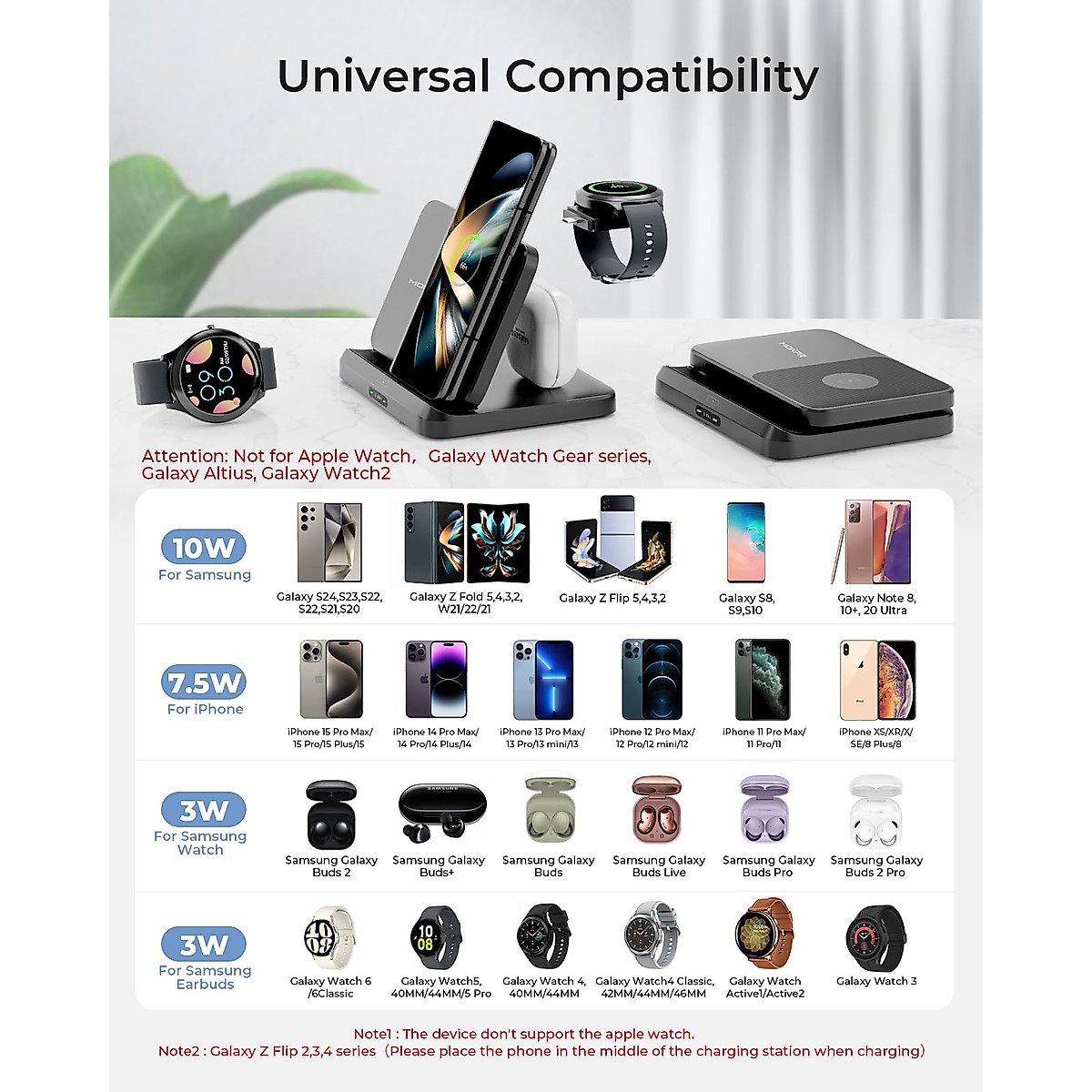 Wireless Charger for Samsung and Android 3 in 1 Foldable Samsung Charging Station for S24/S23 /S22 /S21/S20, Z Fold 5/4/3, Z Flip 5/4/3, Samsung Watch Charger 6 Classic/5/5 Pro/4/3,Galaxy Buds