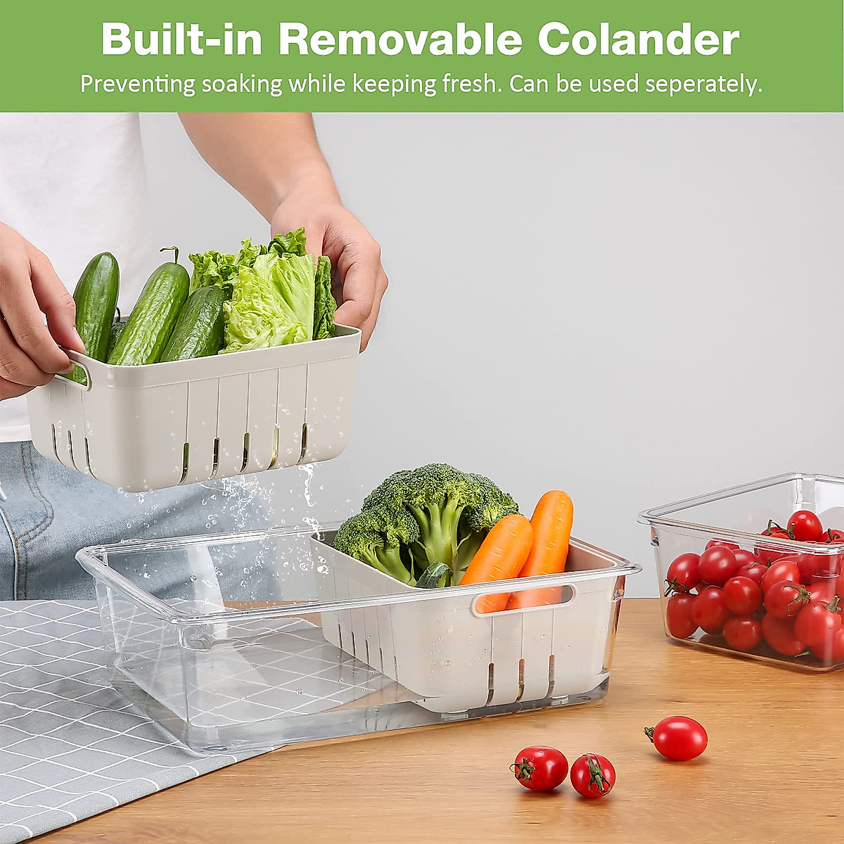 Puricon (2 Pack Fresh Food Containers for Fridge Bundle with 1 Pack Refrigerator Organizer Bins Can Dispenser Storage Holder