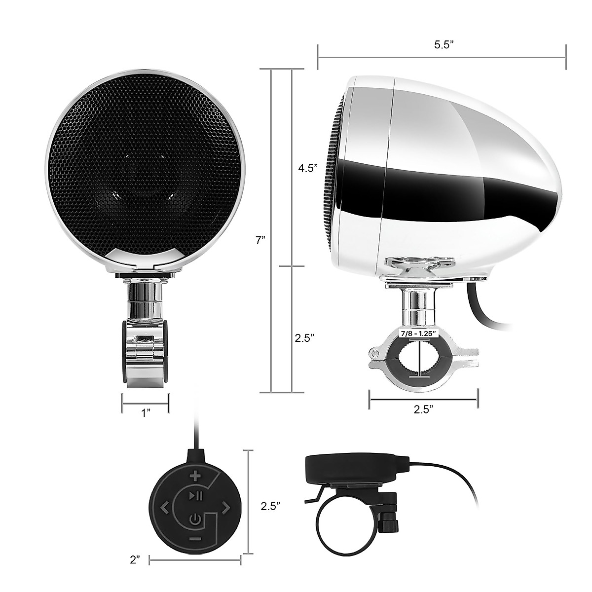 GoHawk AN4-X All-in-One Built-in Amplifier 4.5" Full Range Waterproof Bluetooth Motorcycle Stereo Speakers Audio Amp System, 1 to 1-1/4" Ape-Hanger Handlebar Harley Custom Touring Cruiser Chrome