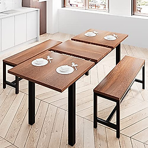 iPormis 3-Piece Dining Table Set for 6-8 People, 63'' Extendable Kitchen Table with Metal Frame and Wood Board, Space Saving Dinette for Dining Room, Laminate Finished, Easy Clean, Walnut