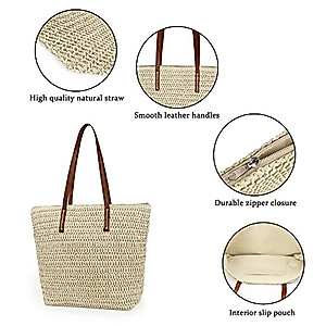 Womens Large Straw Beach Tote Bag Handmade Woven Shoulder Bag Handbag Purse for Summer (Beige)