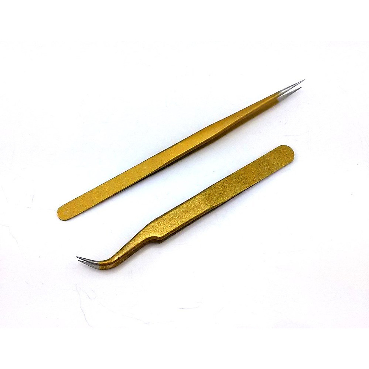 yueton 2pcs Gold Color Coated Stainless Steel Straight and Curved Head Tweezers with Leather Case for Eyelash Extension