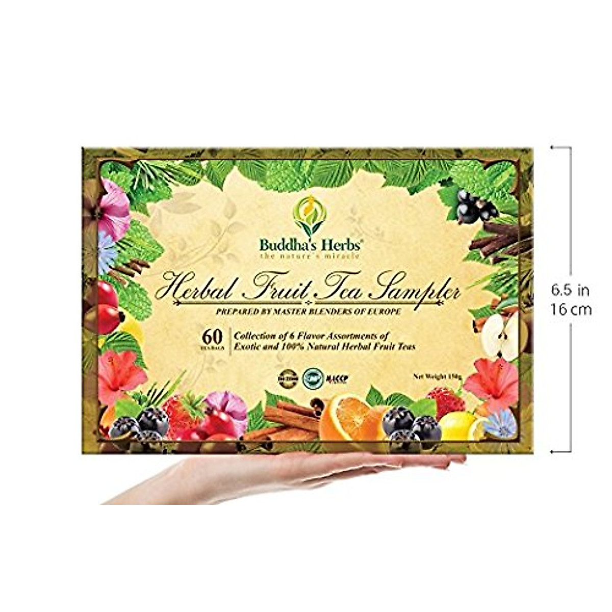 Buddha's Herbs Herbal Fruit Tea Sampler, Caffeine-Free Flavored Herbal Tea, Immune Support, 6 Exotic Blends of Organic Herbs, Perfect for Christmas and New Year Gifts, 60 Count Decaffeinated Tea Bags