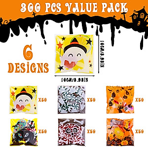 300 Pcs Halloween Treat Bags, 6 Cute Style Candy Bags Clear Trick or Treat bags Self Adhesive Plastic Bags Bulk for Halloween Party Favor Supplies Gift (A)