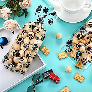 100 Pieces Pet Paw Print Plastic Cellophane Bags Wide Bottom Heat Sealable Treat Candy Bags Dog Cat Gift Bags with 100 Pieces Silver Twist Ties for Pet Treat Party Favor, 11 x 5 x 3 Inch