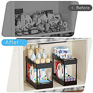 Wekin Under Sink Organizers & Storage 2 PCS, 2 Tier Under Cabinet Basket Organizer for Kitchen Bathroom, 2 Size Multi-Usage Storage Shelf with Hooks, Under the Sink Standing Stackable Rack for Bath