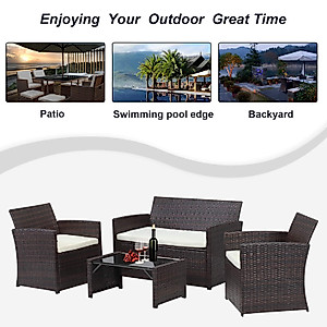 Saemoza 4 Pieces Outdoor Patio Furniture Set, Outdoor Wicker Rattan Patio Furniture with Tempered Glass Tabletop Clearance