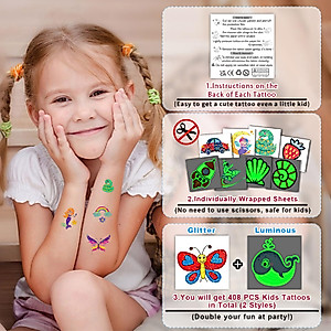 Partywind 408 PCS Temporary Tattoos for Kids, Glow and Glitter Fake Tattoo Stickers for Boys Girls Party Supplies Favors, Cute Goodie Bag Stuffers Gifts for Children (Individually Wrapped Sheet)