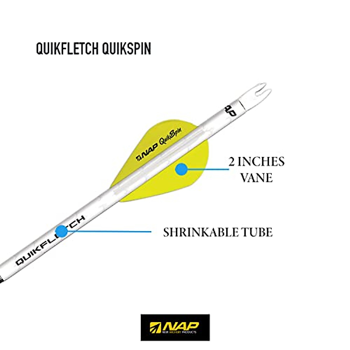 New Archery Products Quikfletch Quikspin 2" 3-Vane Stabilizing Fletching - White Tube, Yellow/White Vanes