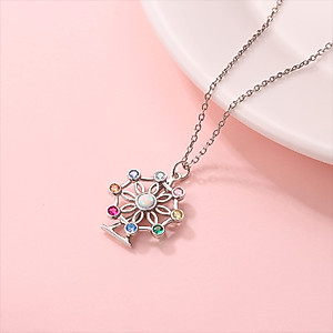 Silver Spinner Ferris Wheel Necklace - 925 Sterling Silver Romantic Fidget Anxiety Ferris Wheel Jewelry Necklaces for Women, Christmas Gifts Dainty Multi Gemstone Ferris Wheel Opal Necklace for Her