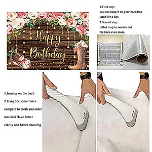 Cowgirl Happy Birthday Backdrop 7x5FT Western Hat Boot Floral Glitter Brown Rustic Wooden Boho Bday Photography Background for Women Country Party Decorations Banner Props
