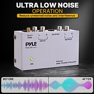 Pyle Phono Turntable Preamp - Mini Electronic Audio Stereo Phonograph Preamplifier with RCA Input, RCA Output & Low Noise Operation Powered by 12 Volt DC Adapter (PP444),Gray