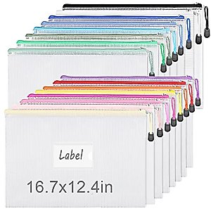 EOOUT 16pcs A3 Zipper Bags, Mesh Zipper Pouch, Document Bag with Labels, Plastic Zip File Folders in 16 Colors, Letter Size, Zipper Bags for Organizing, for School, Board Games and Office Supplies