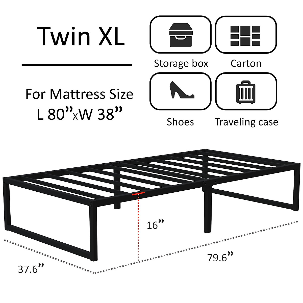 Lutown-Teen 16 Inch Twin XL Bed Frames Heavy Duty Sturdy Metal Platform Bed Frame No Box Spring Needed, Noise Free, Easy Assembly, Black