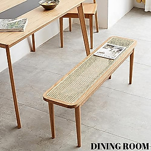 Grewood Wood Dining Bench,100% Natural Solid Oak Bed Bench with Rattan Design, Rounded Edge, Bench for Entryway Hall, Dining Room,Bedroom, Living Room (Natural Color, 31.49 inch)