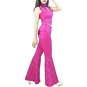 70s 80s Hippie Disco Costume Pink Flare Pant Halloween Cosplay For Women Girls (Color : Barbie, Size : 110)