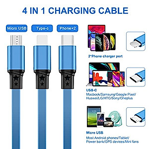 2 Pack 4 in 1 Multi USB Retractable Charger Cable,3A Multiple Charging Cord Adapter with Dual Phone/USB-C/Micro-USB Port Adapter, Fast Charging Compatible with Cell Phones Tablets Universal (2park)