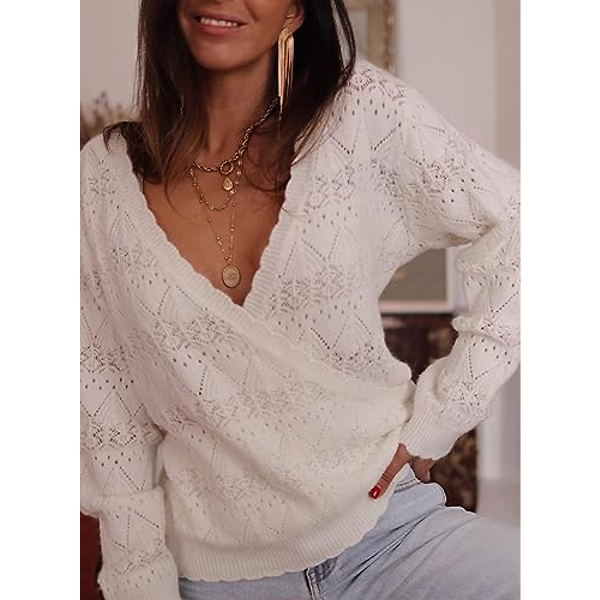 Dokotoo Womens Tops Sweaters Ladies V Neck Pullover Stylish Casual 2023 Fall Winter Long Sleeve Oversized Lightweight Comfy Cable Knit Pullover Cropped White
