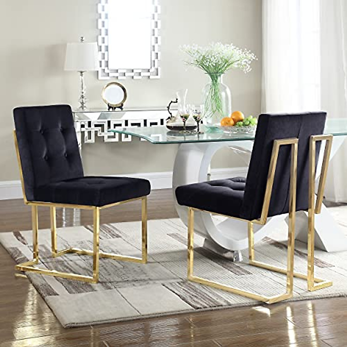 Iconic Home Liam Contemporary Brass Metal Frame Modern Tufted Velvet Polished Dining Side Chair, Black (Set Of 2)