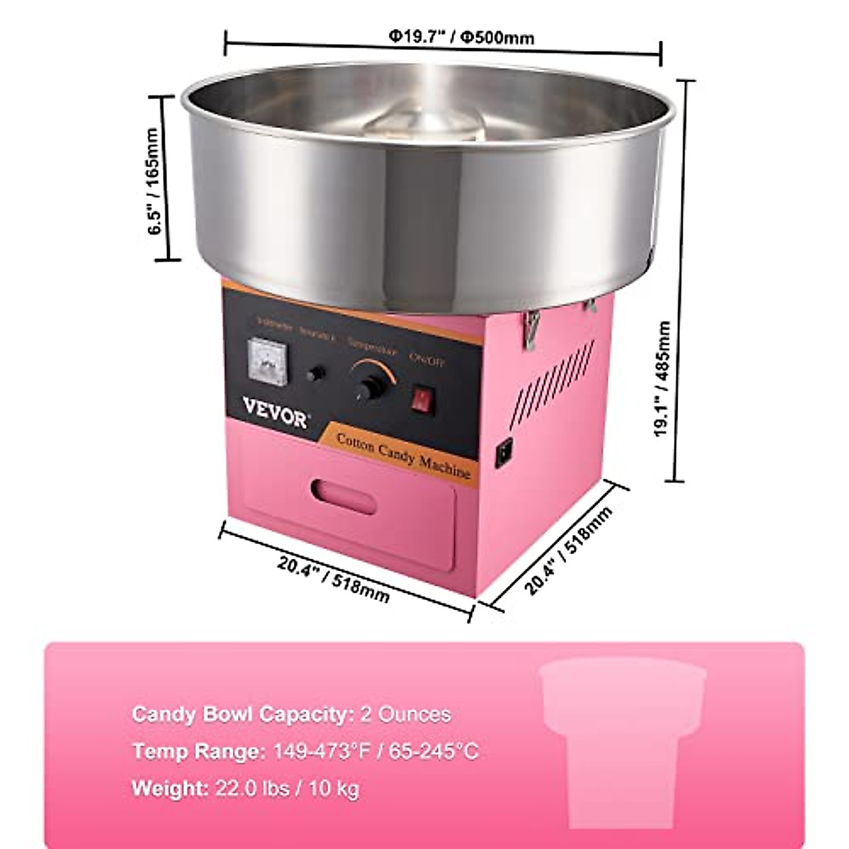 VEVOR Electric Cotton Candy Machine, 1000W Commercial Floss Maker with Stainless Steel Bowl, Sugar Scoop and Drawer, Perfect for Home, Kids Birthday, Family Party, Without Cover, Pink