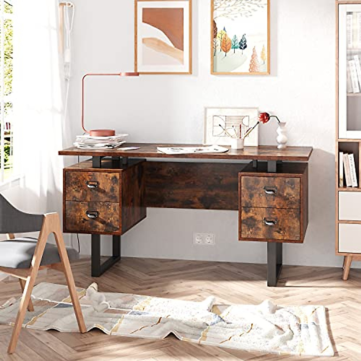JESONVID Computer Desk with Drawers 59" L Contemporary Home Office Laptop Desk with Floating Desktop and 4 Storage Drawers Vintage Study Gaming Table with Metal Frame Black & Rustic Brown CTSZ20401RC