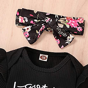 YOUNGER TREE 3PCS Newborn Infant Girls Clothes Baby Girl Fall Outfits Mustard Yellow Romper Baby Clothes Gril Winter Outfits (12-18 Months, Black Romper+Floral Skirt Pants Set)