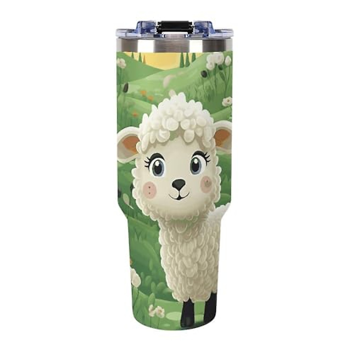 LLUTSNTH 40 Oz Vacuum Tumbler with White Handle Leakproof Insulated Tumbler Cute Cartoon Sheep Stainless Steel Travel Mug with Lid And Straw Coffee Cup Cute Water Bottles Cup Holder Friendly