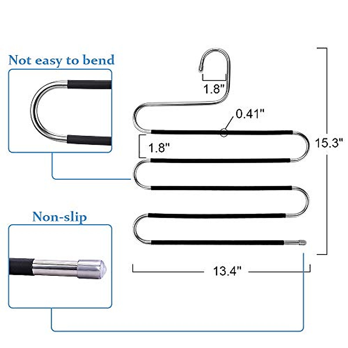 8pcs Pants Hangers S-Type Jeans Trousers Hangers Stainless Steel Clothes Hangers Closet Space Saving for Pants Jeans Scarf Organizer (Black with 10 Clips)