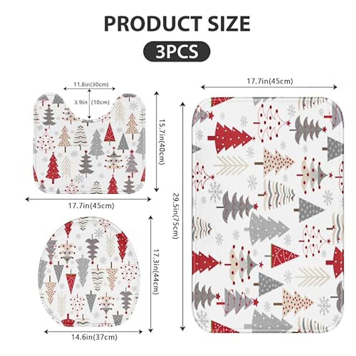 ArtSocket Bathroom Rugs and Mats Set 3 Piece, Christmas Trees Red Doodle Holly Absorbent Microfiber Memory Foam Bath Mat Machine Washable Bathroom Floor Mats