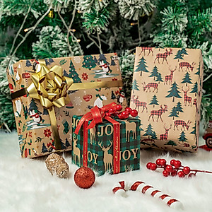 RUSPEPA Christmas Wrapping Paper Rolls with Tags and Jute String - 17 inches x 10 feet per Roll, Total of 3 Rolls