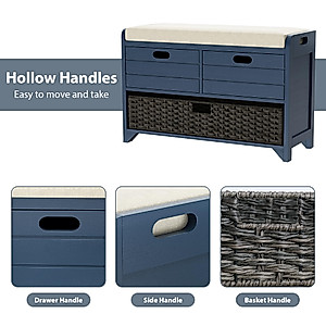 ROOMTEC 32" Storage Bench for Entryway, Shoe Bench with Storage Removable Basket and 2 Drawers, Entryway Bench with Shoe Storage, Entryway Storage for Hallway, Mudroom and Living Room, Navy