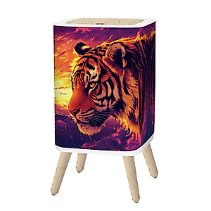 hgsschrek Small Trash Can with Lid Exaggerated Tiger Features Expressive Eyes Bold Colors 2.6 Gallon/10L Garbage Can Waste Bin with Pop-Up Lid Wood Legs Wastebasket for Bathroom Kitchen Bedroom
