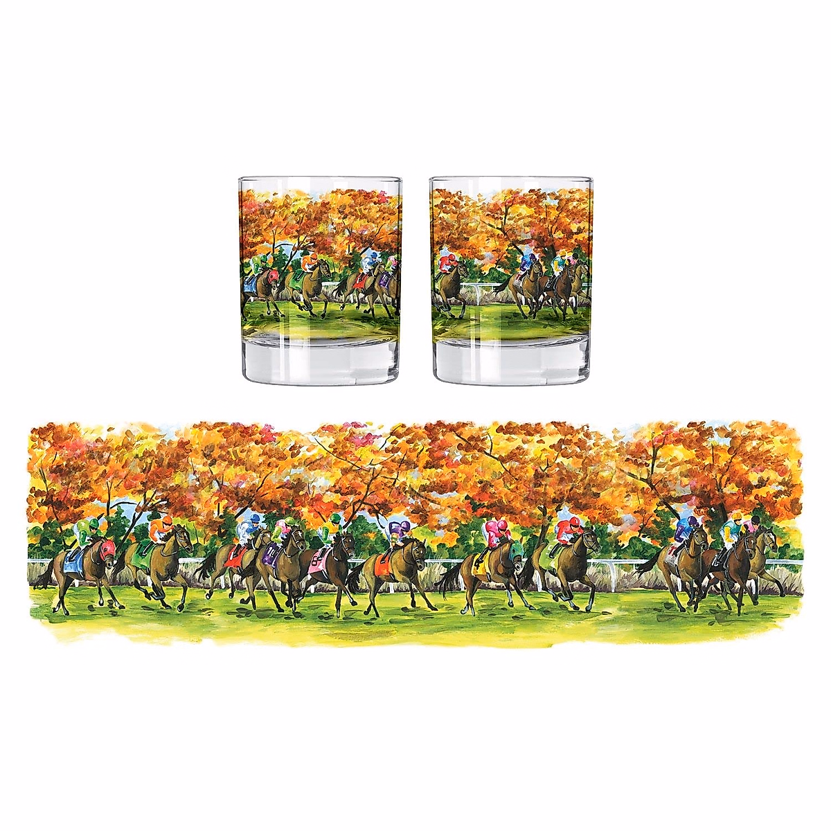 Kentucky Bourbon Trail Old Fashioned Whiskey Rocks Glass - Short Whisky Tumbler with John Morris ''The Spirit of Fall Racing'' Artwork - Unique Gift for all Bourbon Drinkers - Single 13 oz Glass