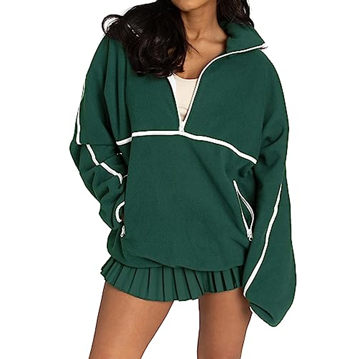 VNIRA Women’s Oversized Sweatshirt Fleece Crew Neck Long Sleeve Half Zip Casual Pullover Hoodie Tops Fall Y2K Clothes Deep Green