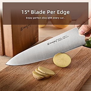 emojoy 15pcs Kitchen Knife Set, Kitchen Knife Set with Block, High Carbon Stainless Steel Knives with Wooden Handle Brown