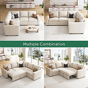 HONBAY Modular Sectional Sleeper Sofa with Pull Out Bed, L Shaped Sectional Couch with Storage Seat, Convertible Sectional Couches for Living Room, Beige