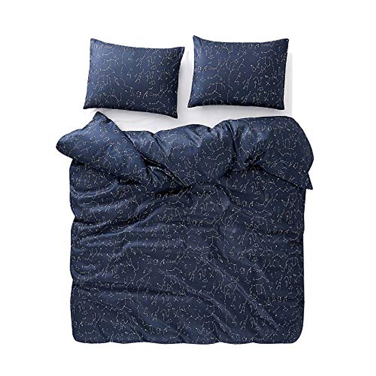 Wake In Cloud - Constellation Duvet Cover Set, Navy Blue with White Astronomy Galaxy Space Stars, Soft Microfiber Bedding (3pcs, Queen Size)