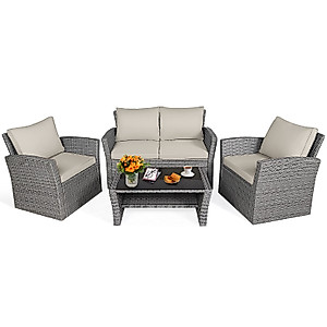 Tangkula 4 Pieces Patio Furniture Set, All Weather Outdoor Sectional Rattan Sofa Set with Cushions & Tempered Glass Table, Wicker Conversation Couch Set for Backyard Garden Poolside