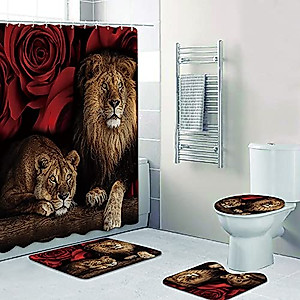 GUDAGUU 4 Piece Red Rose with Tiger and Lion Shower Curtains Bathroom Sets,Romantic Animals Bath Rugs Toilet Seat Cover