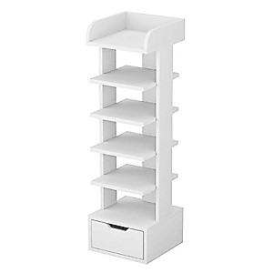 Waktavel Shoe Rack Organizer, Wooden 5 Tiers Vertical Shoe Rack with Drawer and Open Top, Space Saving Small Shoe Storage Stand for Entryway Hallway Bedroom (White Shoe Rack 5 Tier)