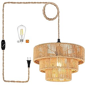 QIYIZM Plug in Pendant Light Boho Hanging Lights with Plug in Cord Rattan Hanging Lamp Dimmable Wicker Bamboo Woven Lamp Shade Hemp Rope Plug in Ceiling Light Fixture for Living Room Bedroom Kitchen