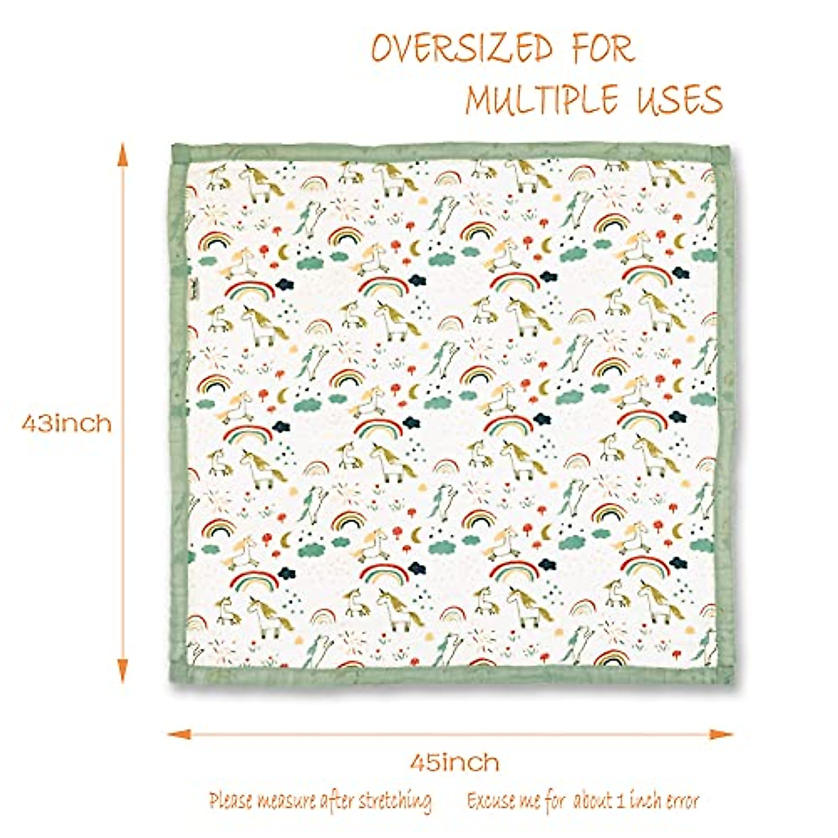Muslin Soft Swaddle Blankets, Muslin Quilt Baby Blanket for Boy Girl Toddler Daycare, Multiple Layer Swaddle Wrap, 70% Bamboo 30% Cotton, Practical Size 43X45inchs (Rainbow Unicorn)